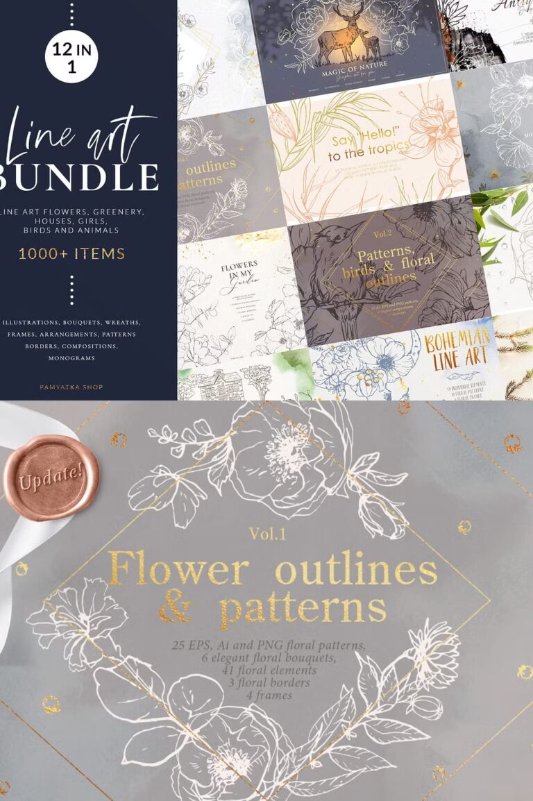 Line art floral bundle. 1000+ items - Siteoutsite
